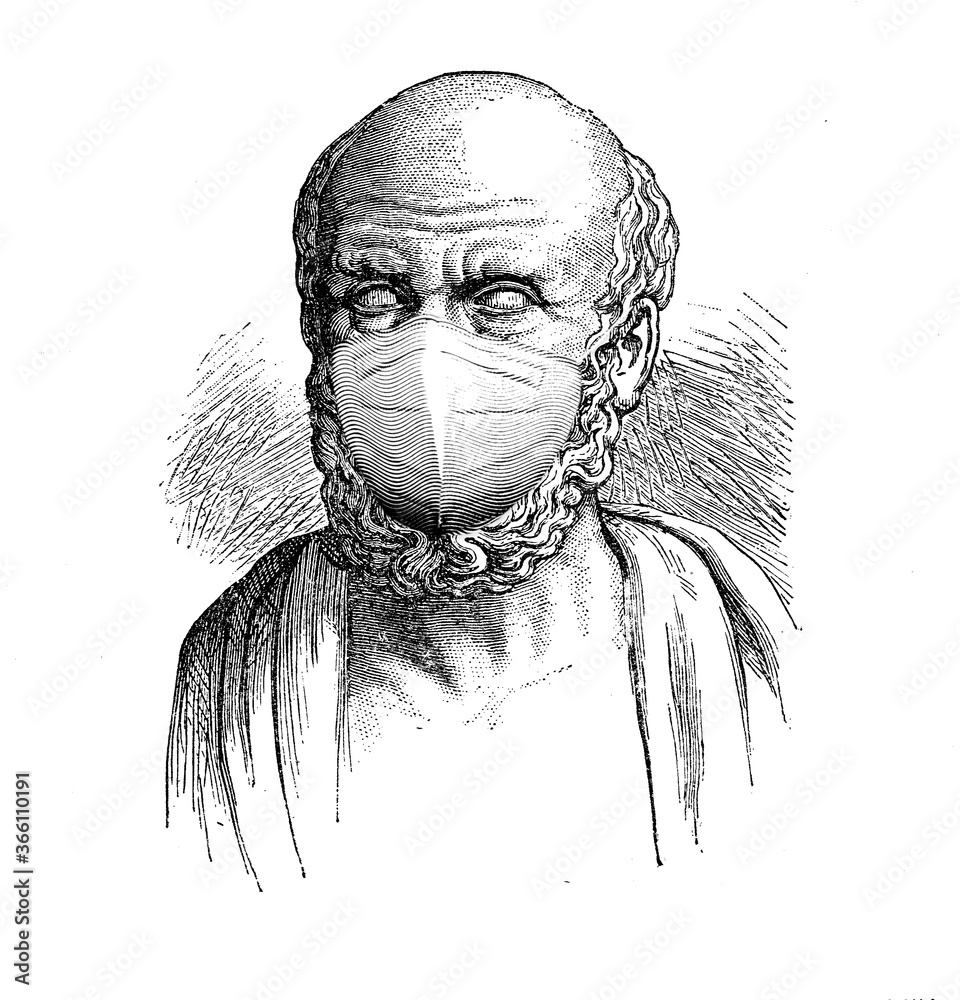 Hippocrates of Kos with COVID protection mask, greek physician ...