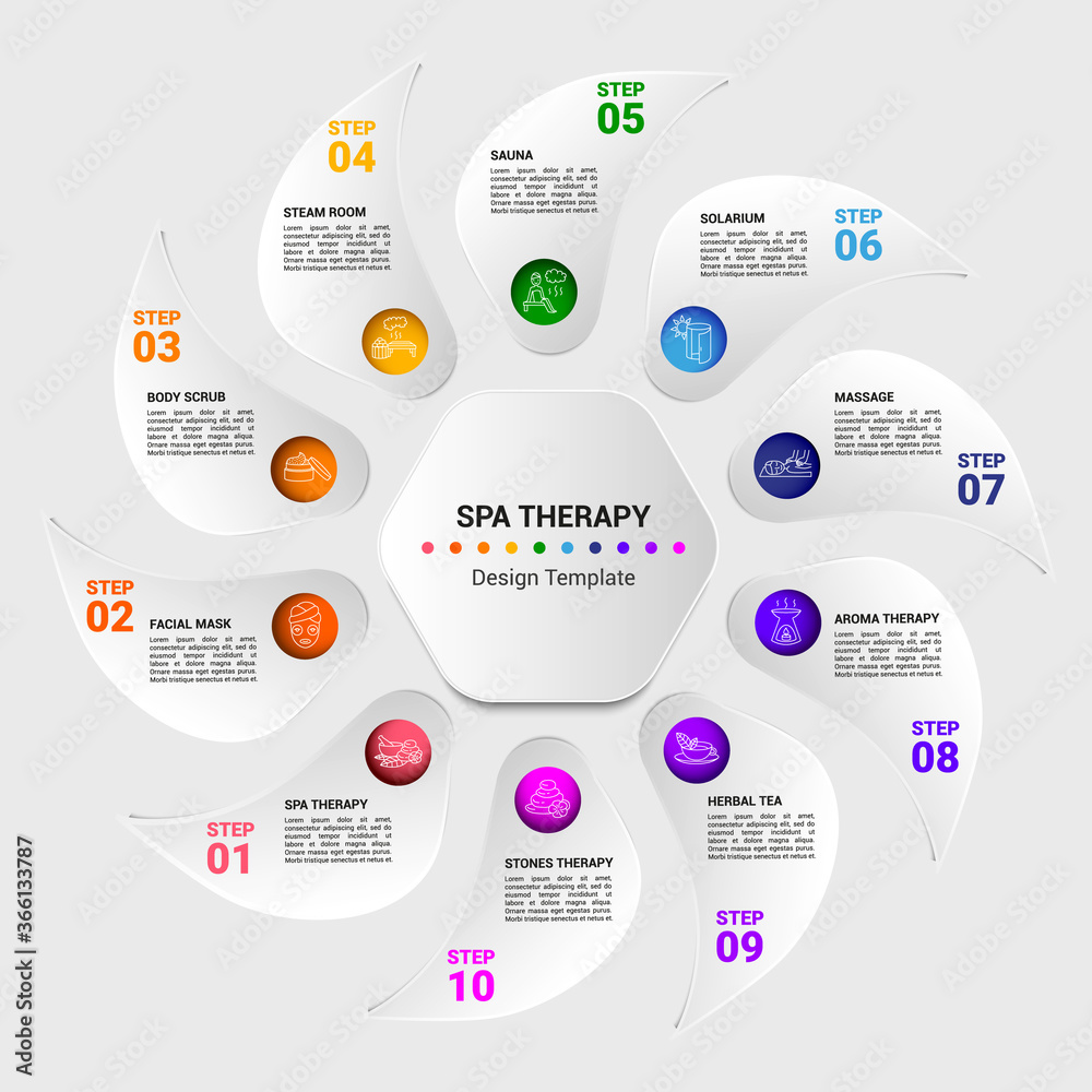 Infographic Spa Therapy template. Icons in different colors. Include ...