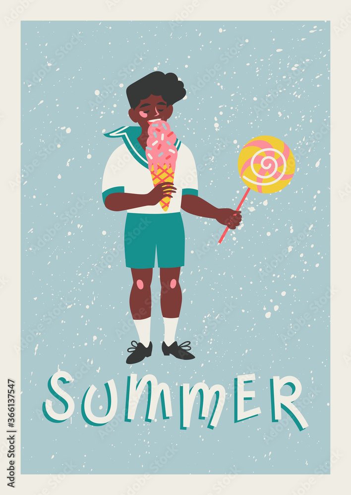 Vector illustration with a little boy enjoying his ice-cream and ...