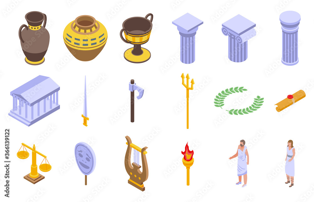 Ancient Greece icons set. Isometric set of Ancient Greece vector icons ...