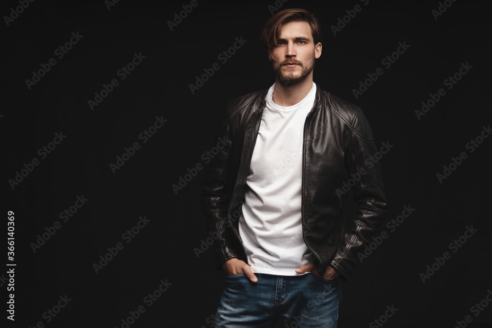 Fashion man, Handsome serious beauty male model portrait wear leather ...