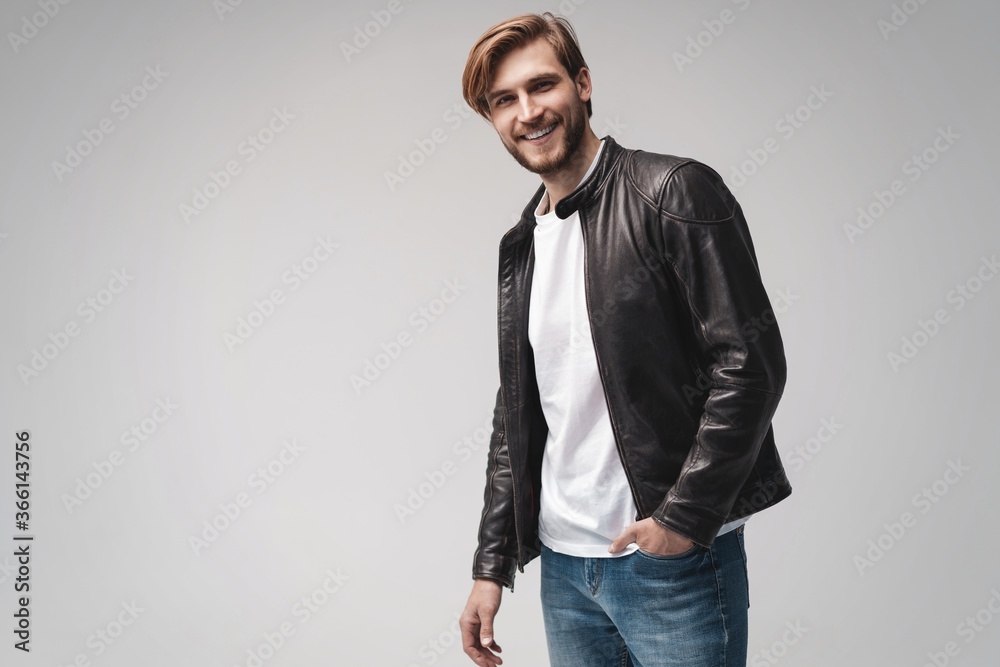 Fashion man, Handsome serious beauty male model portrait wear leather ...