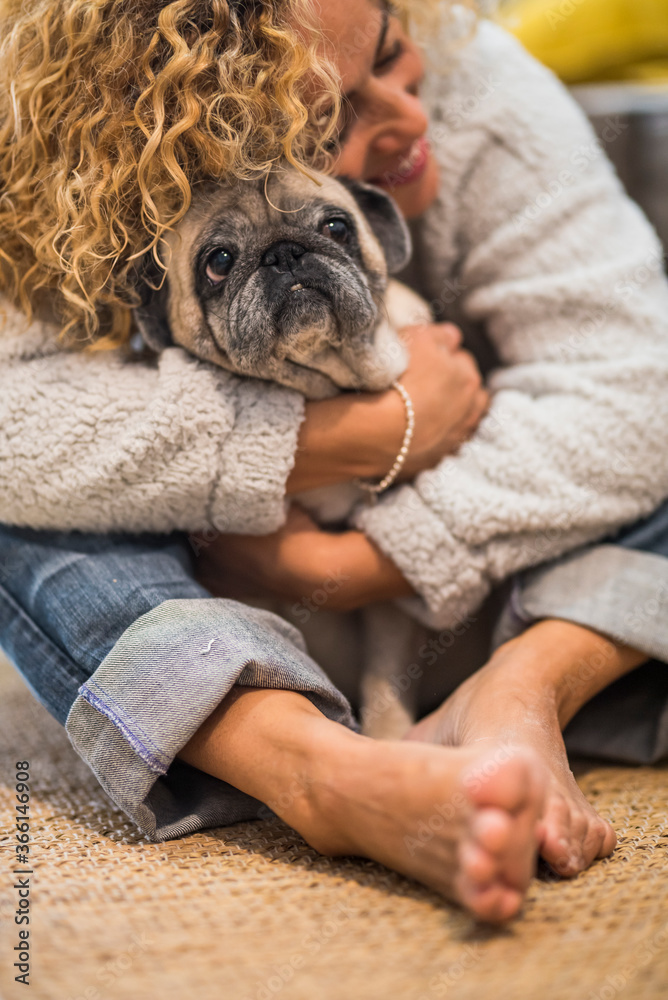 Lovely hug human and animal for pet therapy or domestic dog love and ...
