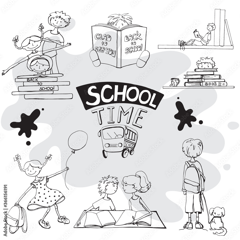 Cartoon outline school clip art set with children Stock Vector | Adobe ...