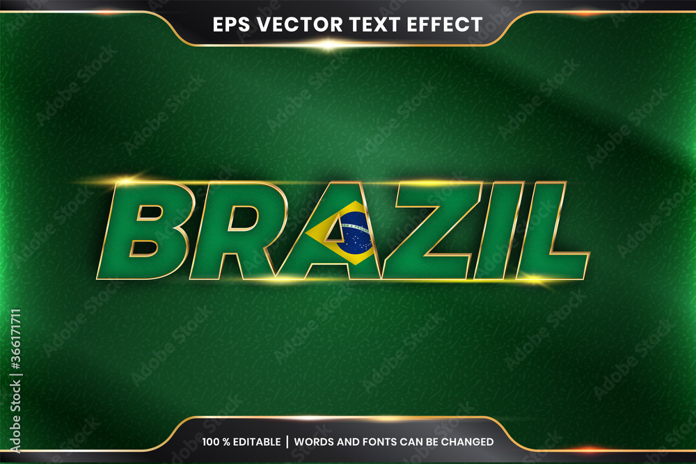 Brazil with its national country flag, Editable text effect with gold ...