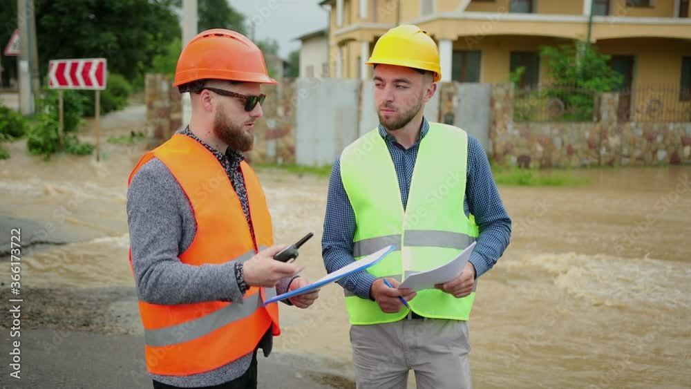 Two male engineers solve flood problem. Devastation wrought after ...