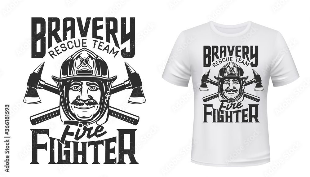 Firefighter t-shirt print of fire rescue team vector mockup. Fireman ...