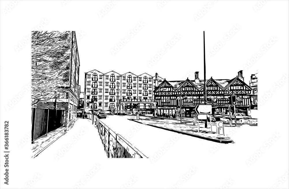 Building view with landmark of Chester city walls consist of a ...