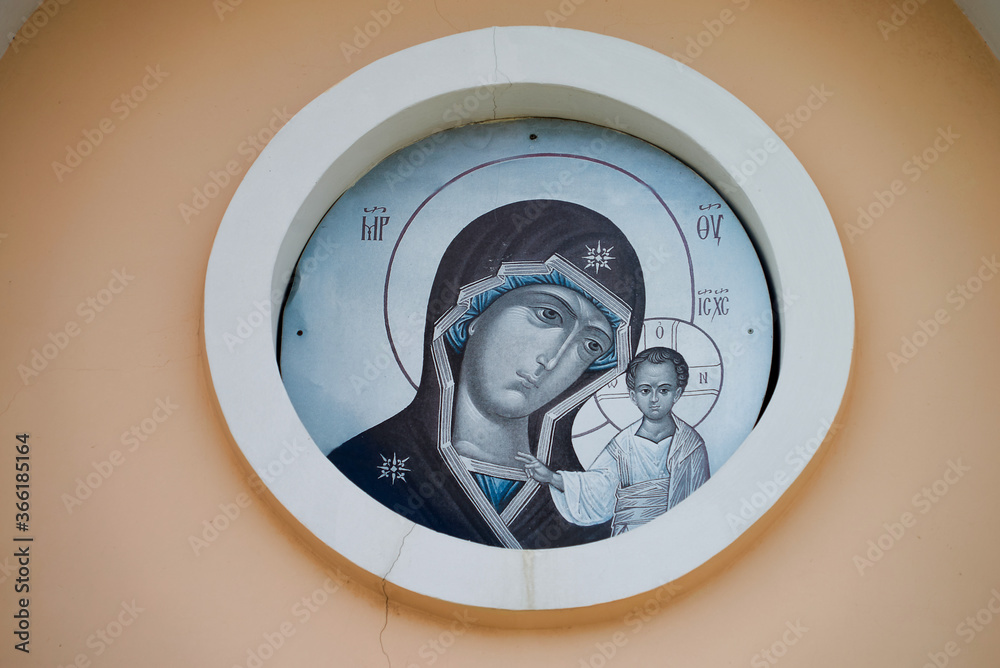 Stained glass window of the icon of the mother of God and the child ...