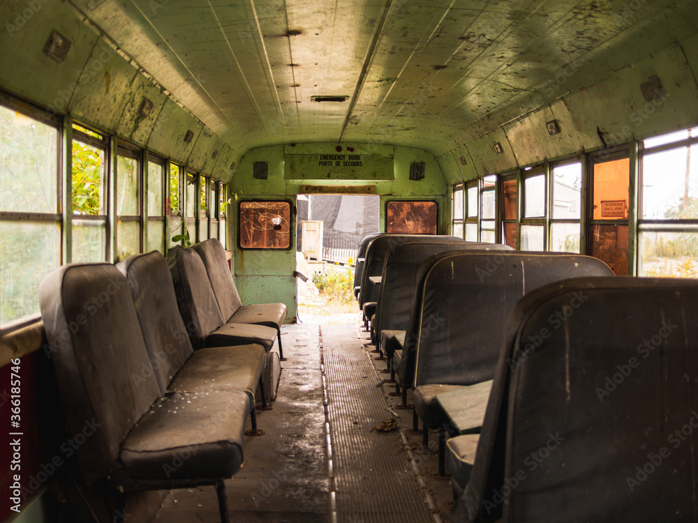 inside an abandoned school bus with the seats Stock Photo | Adobe Stock