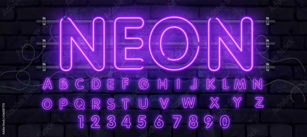 Purple vector neon tube alphabet font. Neon color letters, numbers and ...
