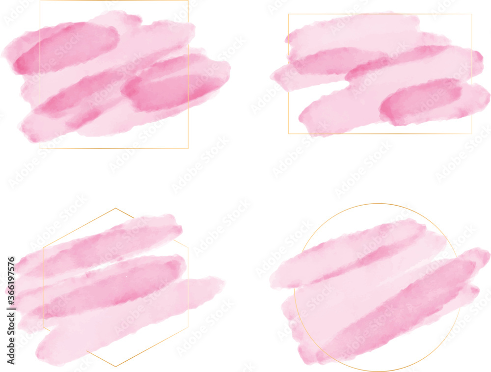 pink watercolor brush stroke with golden frame for logo or banner ...