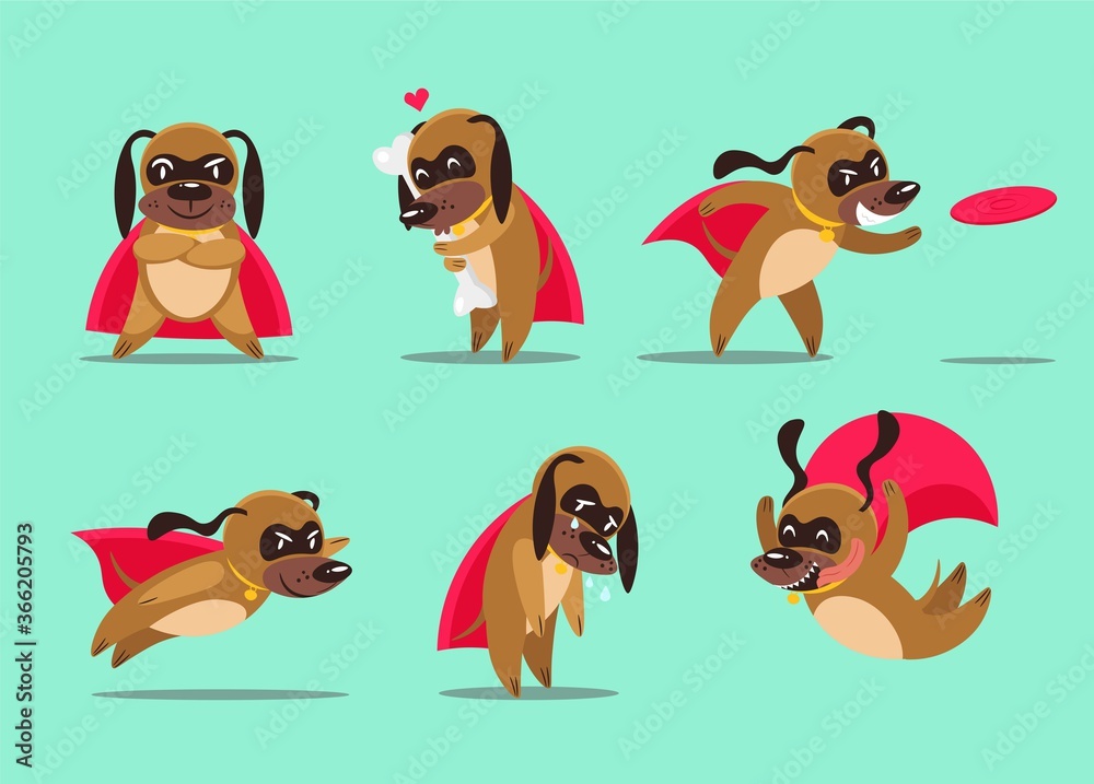 Set of cartoon dogs superhero in different poses.Vector illustration ...