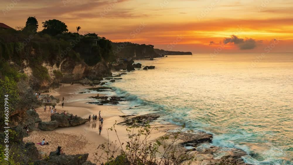 Bali seascape with huge waves at beautiful hidden white sand beach ...