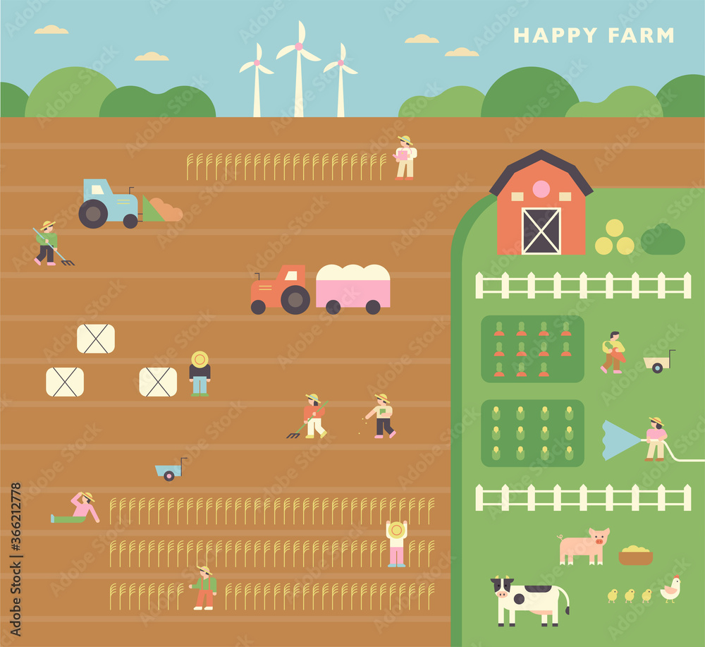 Cute farm background. Farmers are farming. flat design style minimal ...