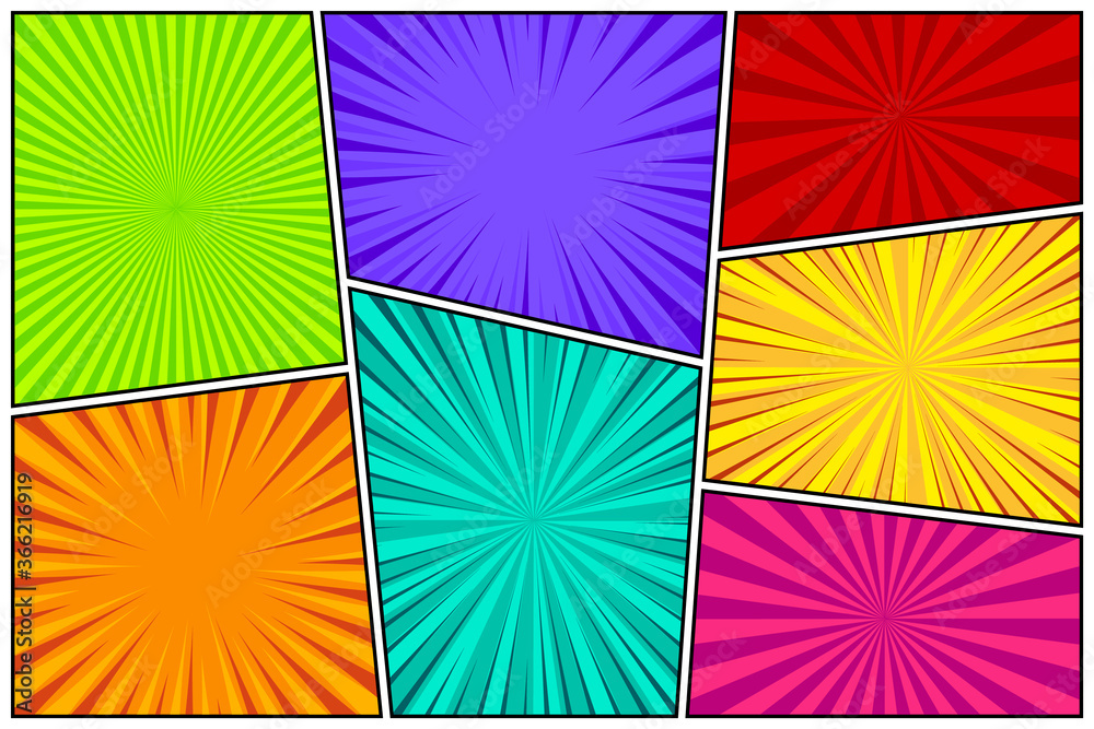 Cartoon comic backgrounds set. Comics book colorful poster with radial ...