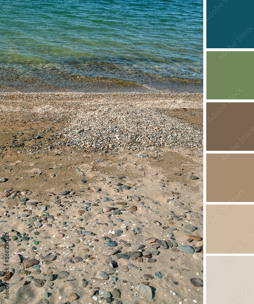 Colors of turquoise green sea water in combination with beige brown ...