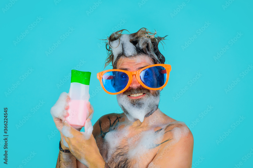 Funny Man In Shower Man With Shampoo Bottle Foam On Head Head