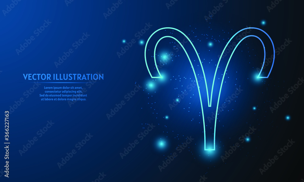 Glowing aries icon on blue abstract background. low poly zodiac icon ...