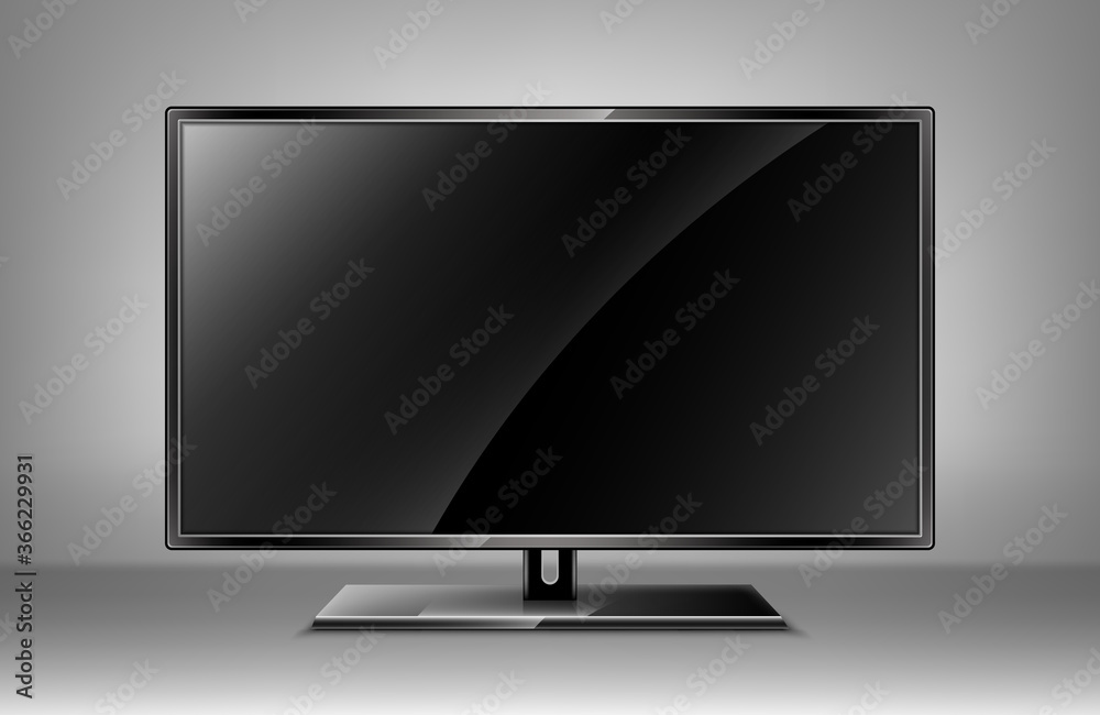 Vetor de Empty flat TV screen standing against white wall. Realistic TV ...