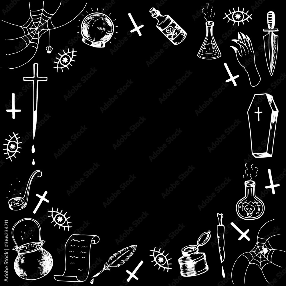 Round frame magic witch items doodle white on black. Magic ball dagger ...
