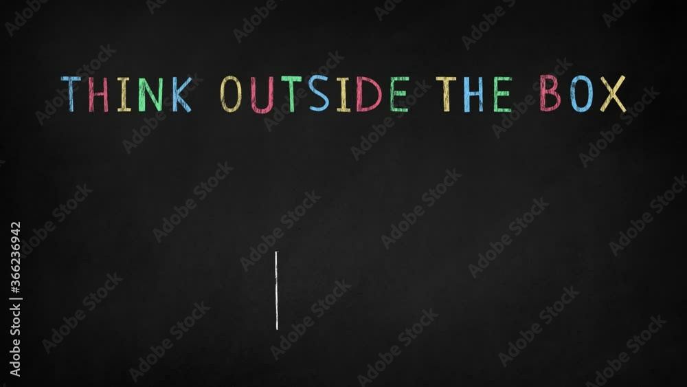 "Think outside the box" text written on chalkboard and cartoon ...
