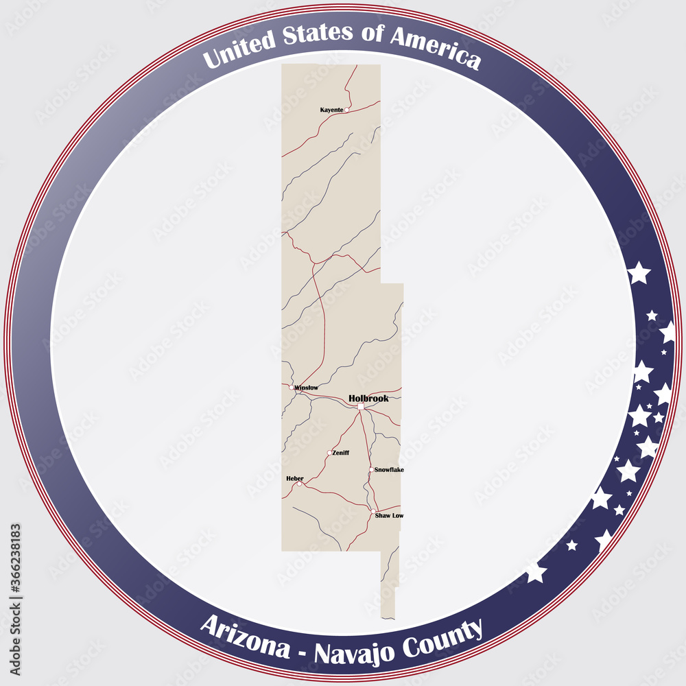 Round button with detailed map of Navajo County in Arizona, USA. Stock ...