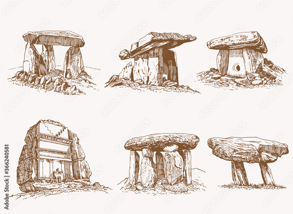 Graphical set of dolmens, vector vintage illustration, menhir Stock ...
