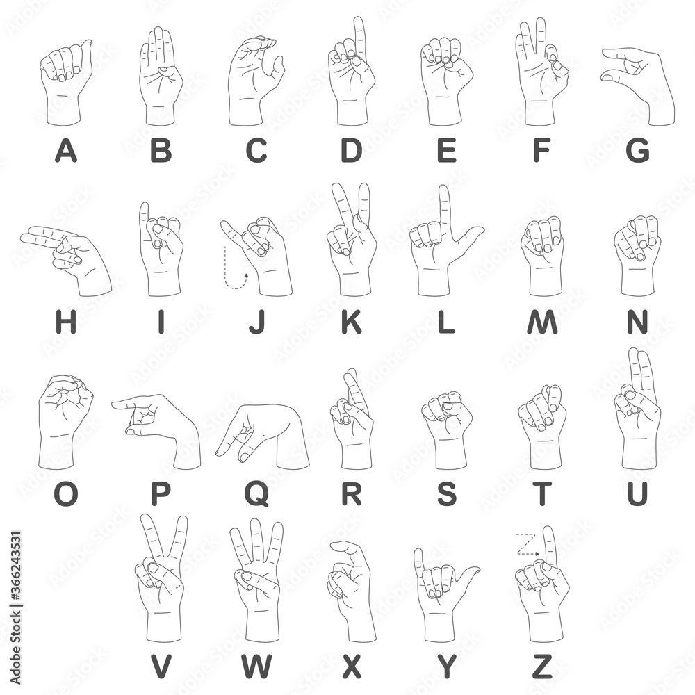 Asl alphabet for disabled people vector illustration isolated on a ...