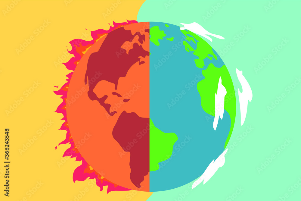 Global warming vector concept: burning and clean earth planet on both ...