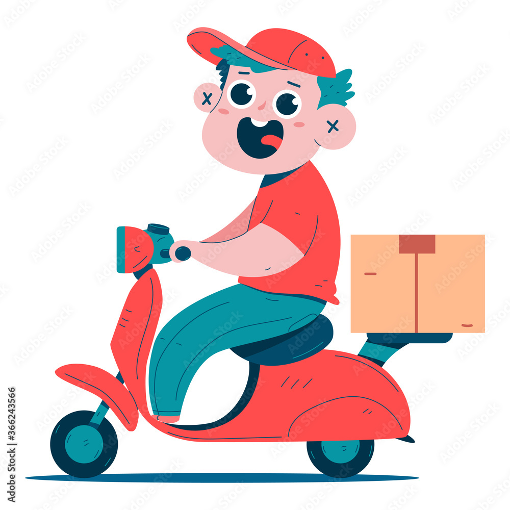 Cute delivery boy character on scooter vector cartoon illustration ...