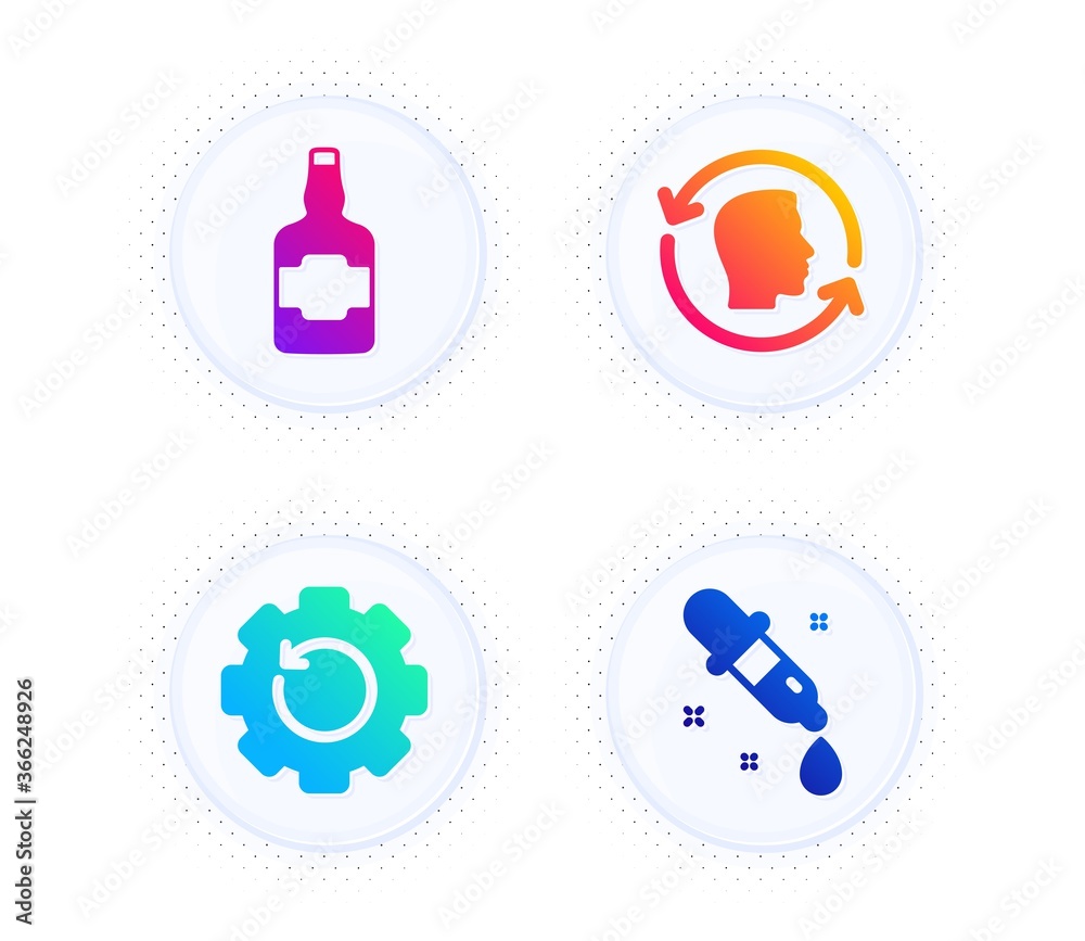 Face id, Recovery gear and Whiskey bottle icons simple set. Button with ...