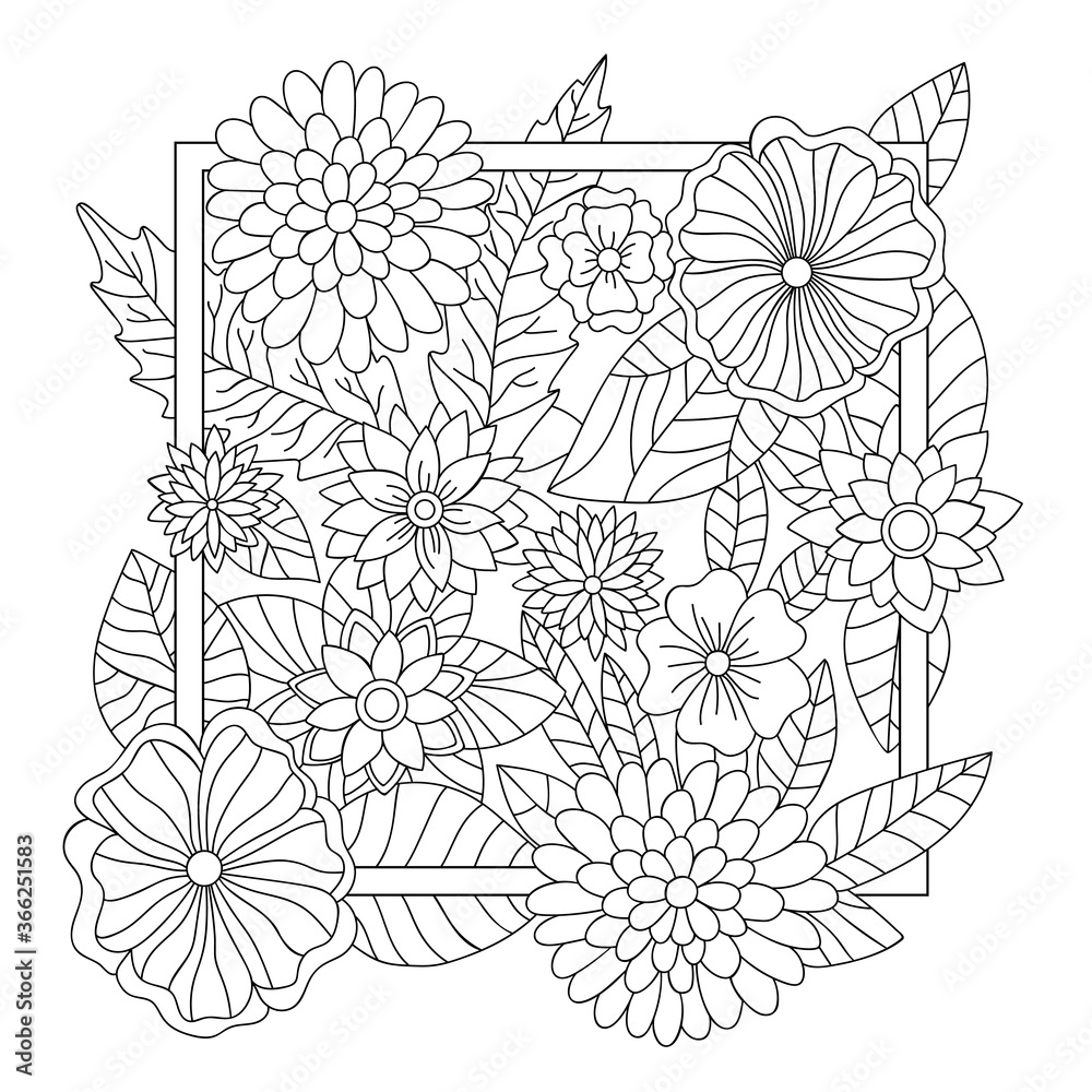 Decorative flowers and leaves with simple pattern in square frame on ...
