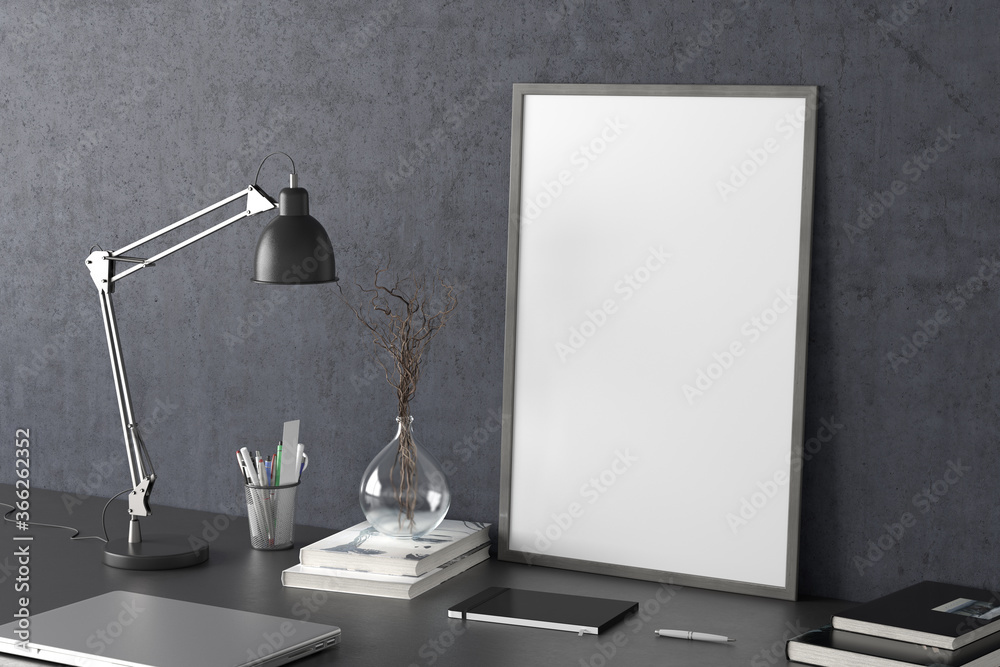 Vertical poster frame mockup on the black table of home studio ...