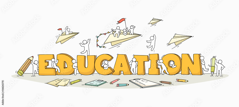 Sketch of little people with word Education Stock Vector | Adobe Stock
