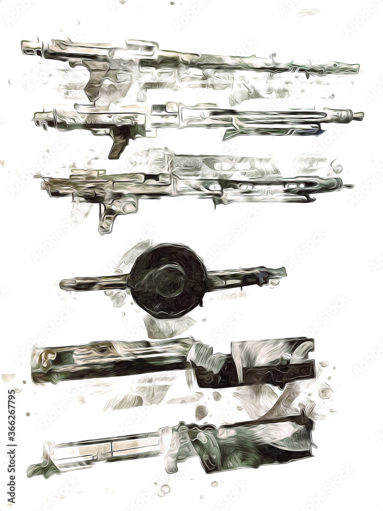 Revolver, hand drawn vintage gun illustration. Engraving style old ...