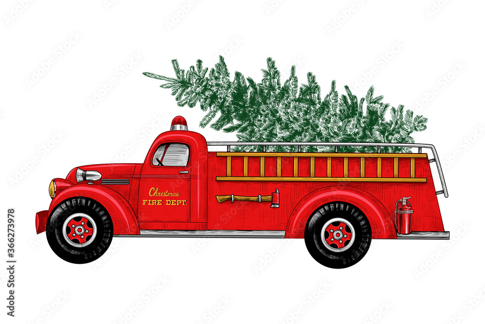 ..Christmas fire engine. Vintage Fire Truck with a Christmas tree on a ...