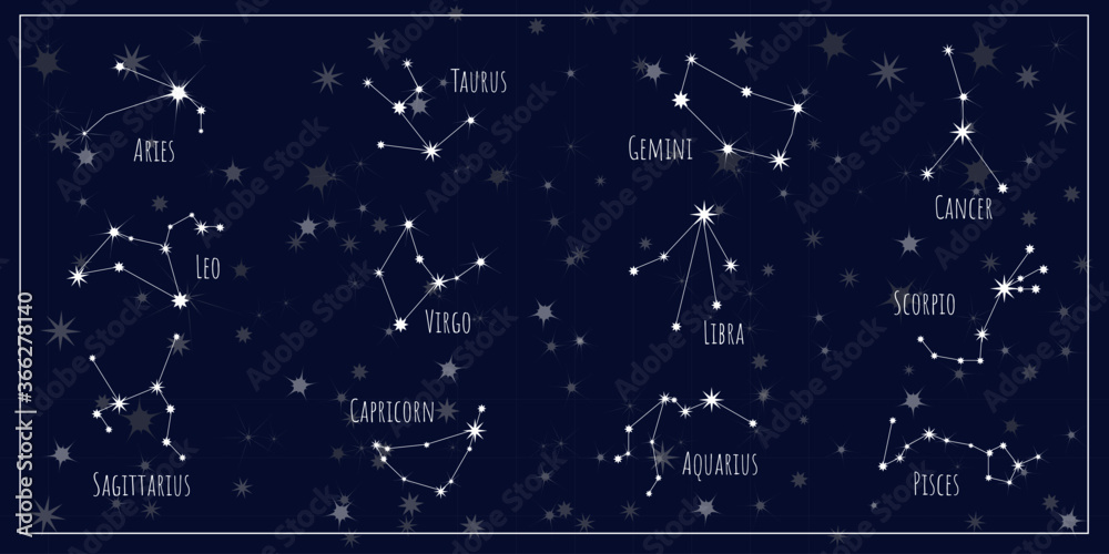 Collection of 12 zodiac signs in the starry sky. Sky map and ...