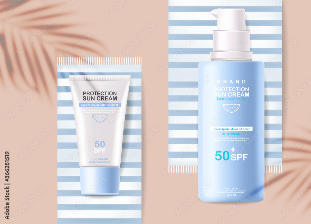 Sun cream bottle 3d realistic isolated, tropical background, tropical ...