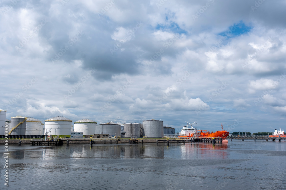 Oil harbour with tank terminals and chemical carriers in the port of ...