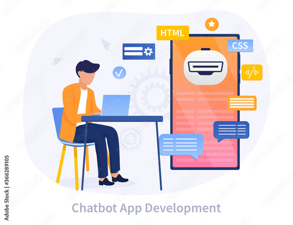 Software developer writing a code for a Chatbot on an online mobile ...