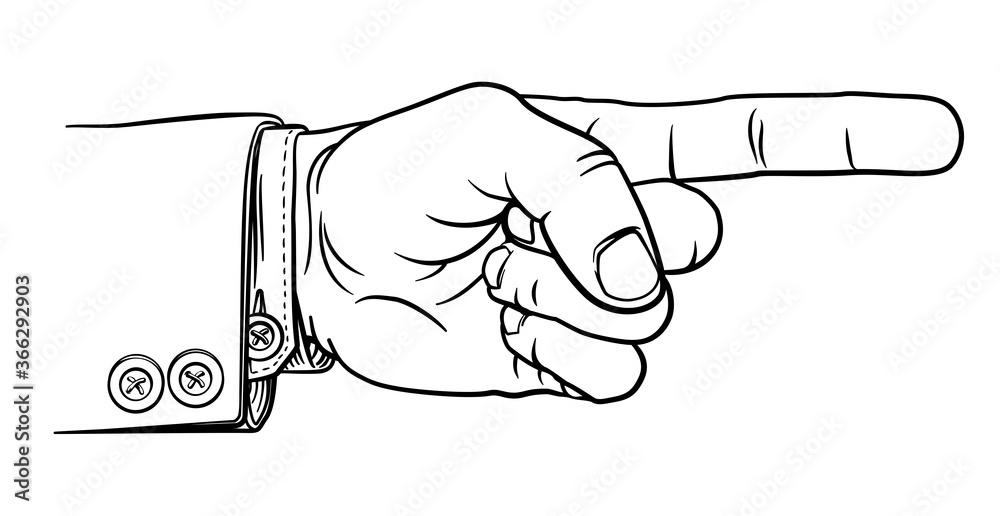 A hand pointing a finger in a direction sign. Wearing a business suit ...