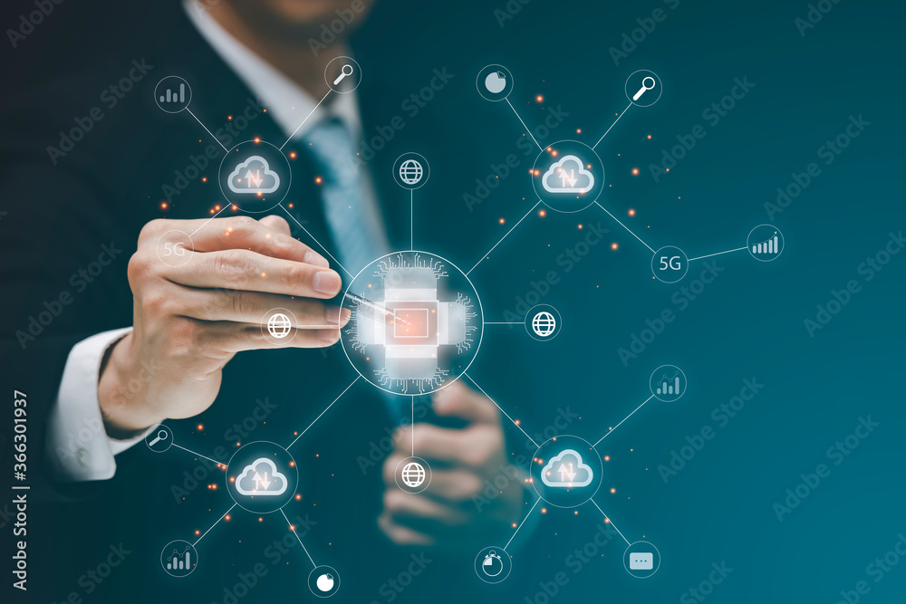 Businessman Touching in graph Screen Icon and line connect to people ...