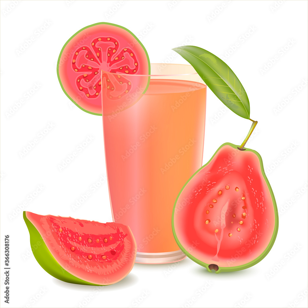 Organic guava juice in glass cup isolated on white background with ...
