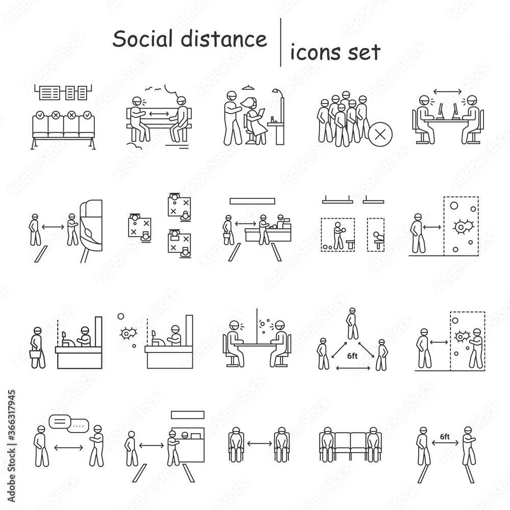 Social distance icons set.Corona virus pandemic safety recommendations ...