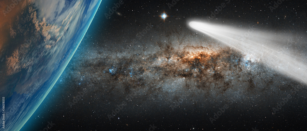 Neowise Comet on the space view from moon planet earth in the ...