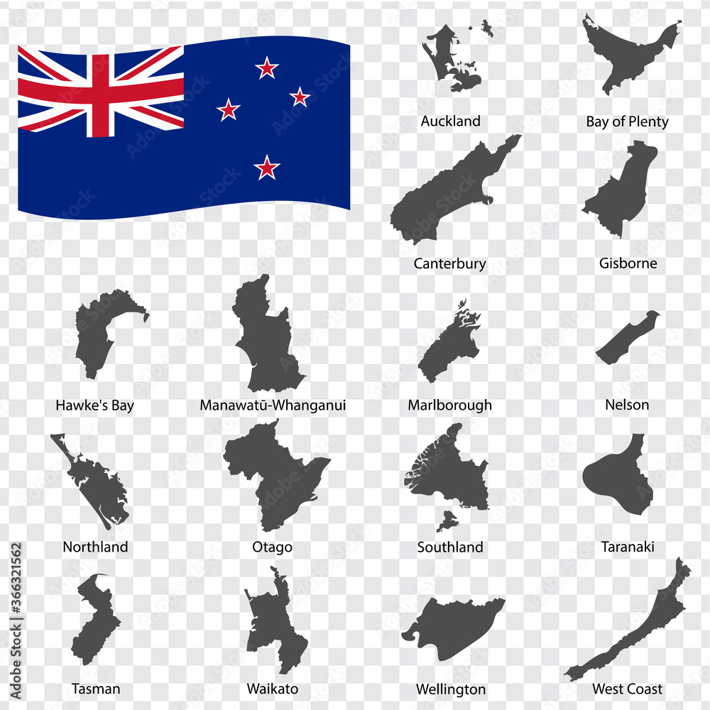 Sixteen Maps Regions of New Zealand - alphabetical order with name ...