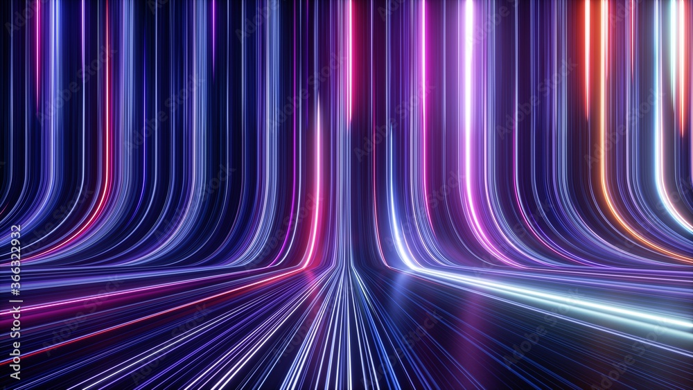 3d render, abstract simple neon background, ultra violet rays, blue and ...