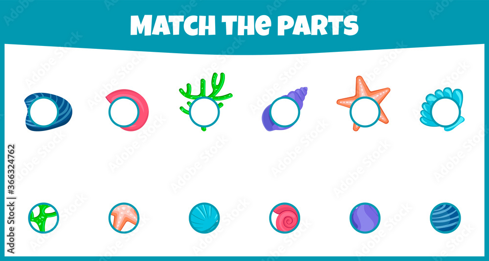 Educational game. Match the parts. Match parts of seashells. Worksheet ...