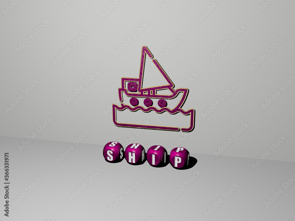 3D illustration of ship graphics and text made by metallic dice letters ...